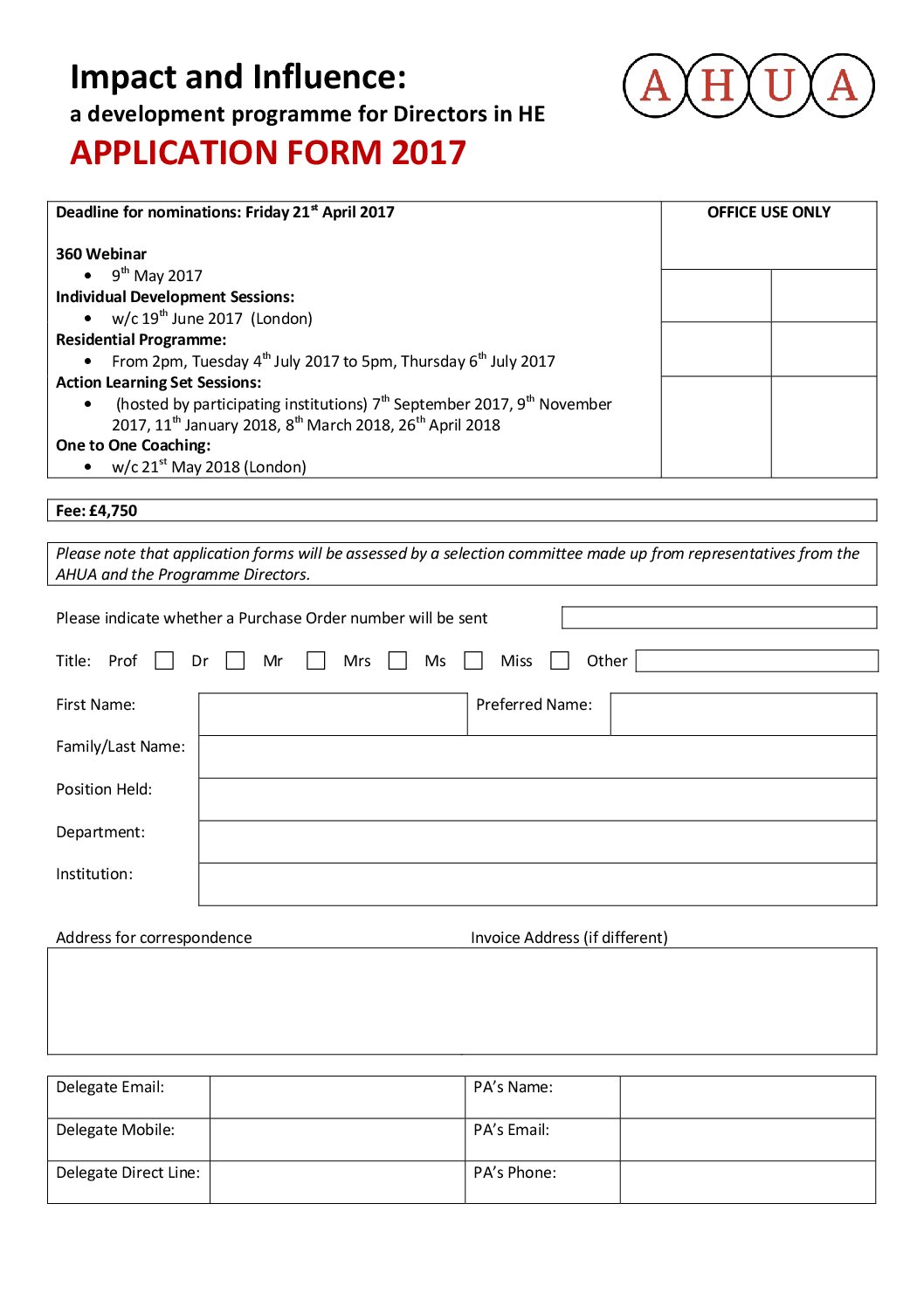 Impact & Influence 2017 Application Form - AHUA